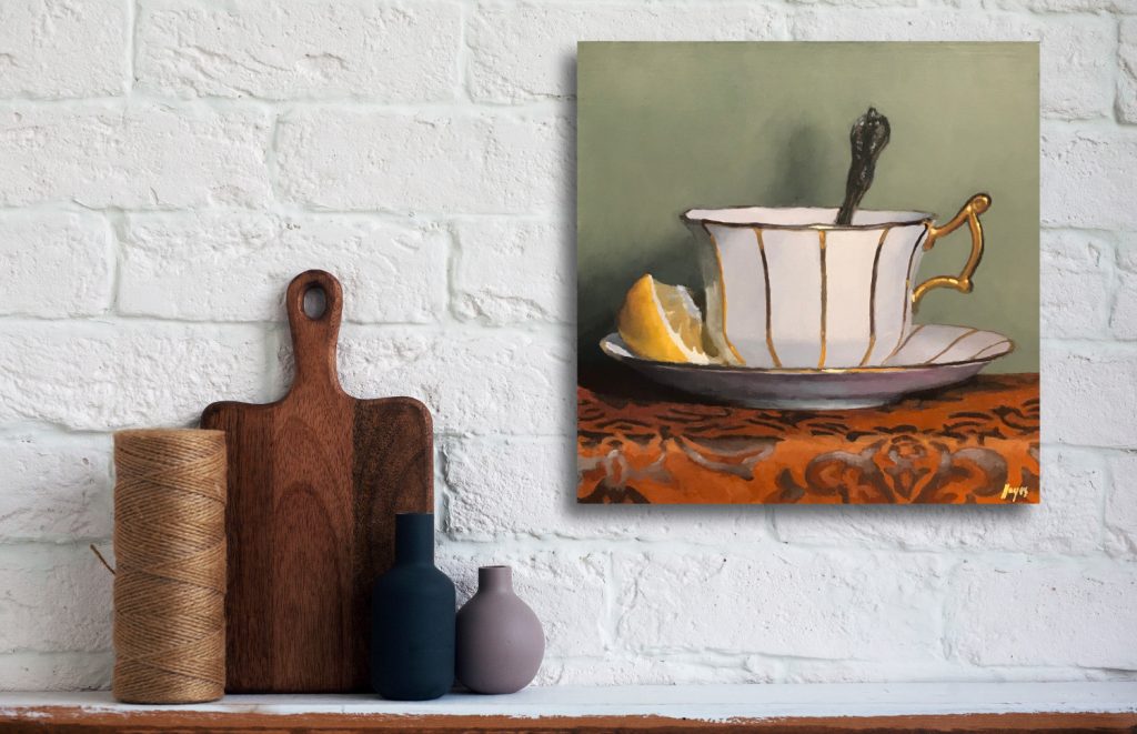 “Teacup and Lemon on Red Silk” Print On Canvas – Jeffrey Hayes